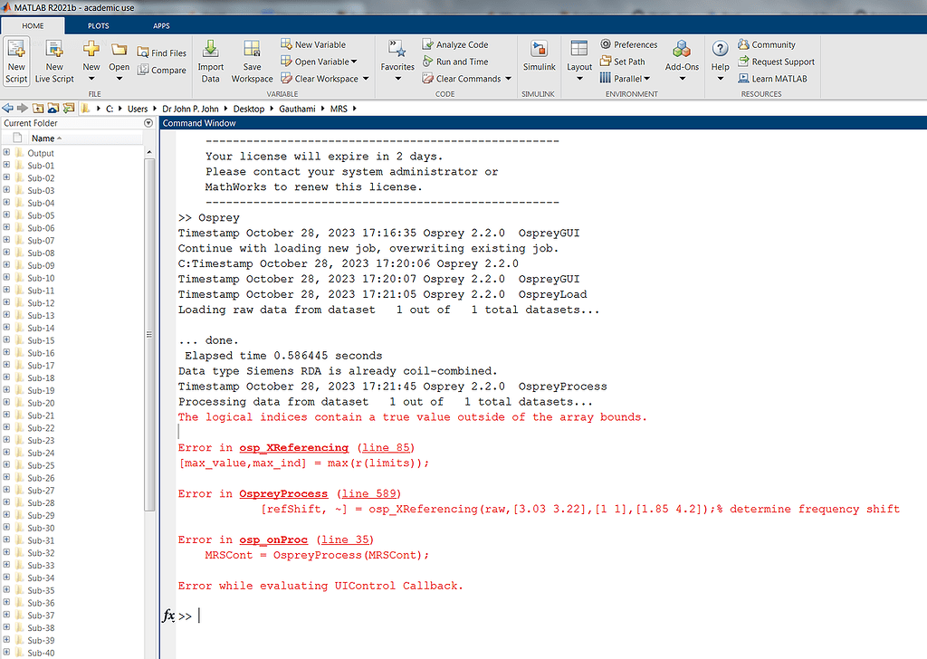 Osprey Error - Unable to Process the data - MRS Software - MRSHub Forum
